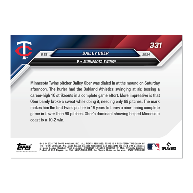 Bailey Ober Complete Game Under 90 Pitches 2024 MLB TOPPS NOW Card 331 ...