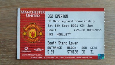 Ticket 2001 Manchester United vs. Everton FC Premier League 34460 | eBay
