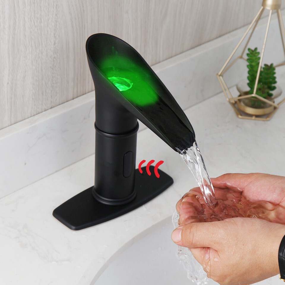 Touchless Black Bathroom LED Basin Sensor Mixer Faucet Waterfall Brass ...