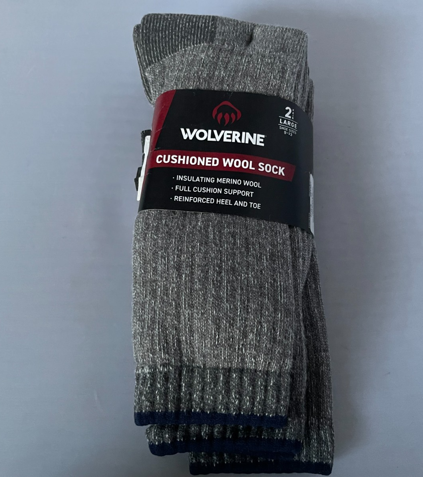 WOLVERINE CUSHIONED MERINO WOOL Blend BOOT SOCKS 2 Pair Large Size 9-13 ...