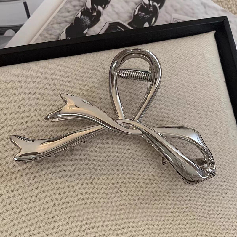 2023 Metal Claw Clip Bow Knot Metal Shark Clip Silver Hair Claw Style ...