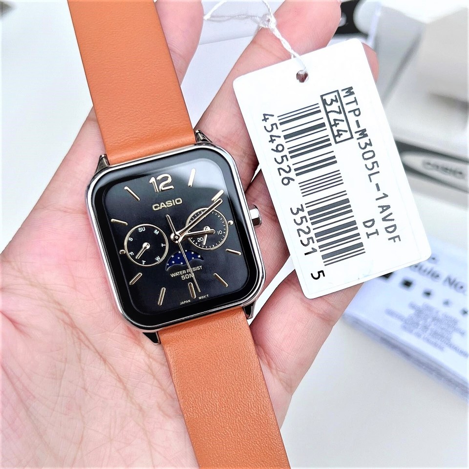 Casio MTP-M305L-1A Moon Phase Brown Leather Black Analog Quartz Square ...