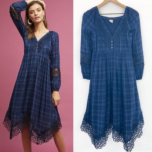 Anthropologie Akemi + Kin Navy Plaid Kerchief Filigree Lace Midi Dress ...