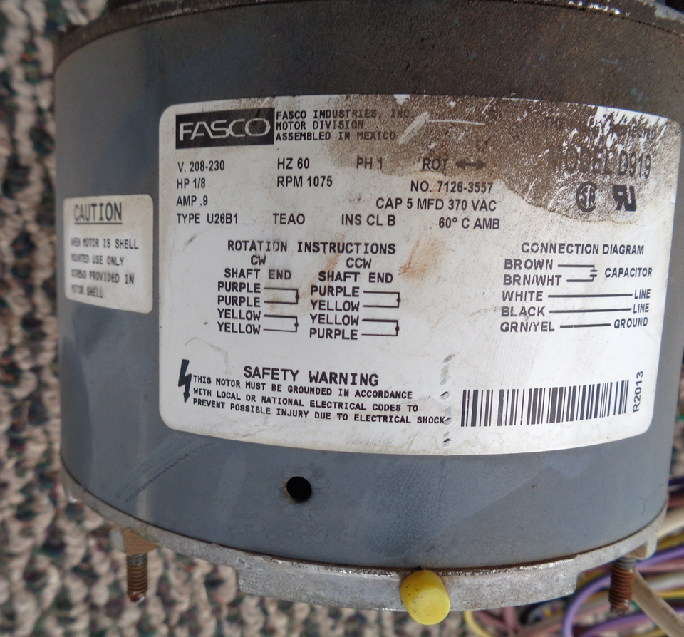 Fasco D919 Fan Motor, 1/8 HP RPM 1075 HZ 60 V208-230 | eBay