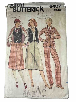 6407 Butterick Junior Petite 1970's Suit Jacket Pants Skirt Vest Size ...