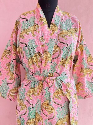 Indian Handmade Pink Tiger Printed Cotton Kimono Robe Women Dressing ...