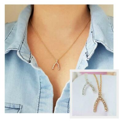 TINY SPARKLING WISHBONE NECKLACE 0.75" Pendant 17" Chain Rhinestone ...