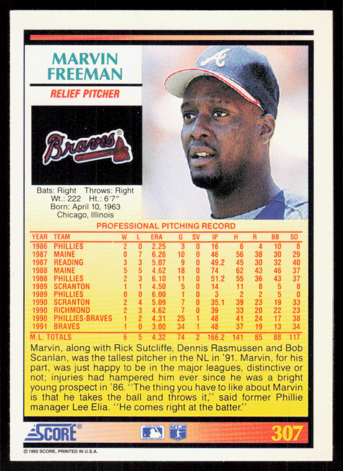 1992 Score 307 Marvin Freeman Atlanta Braves | eBay