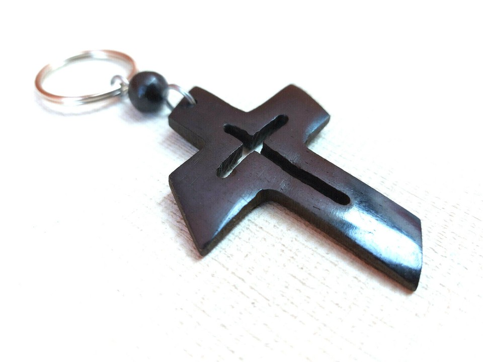 Cross Keyring Brown Bone with Inticate Cut Cross & Bead Faith Gifts ...