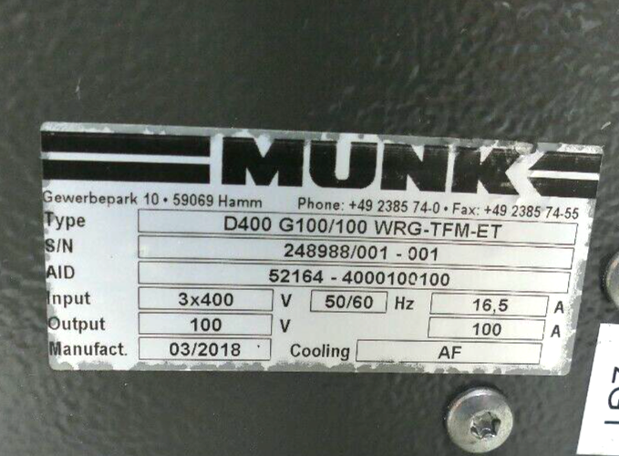 Munk D400 G100/100 WRG-TFM-ET Rectifier 52164-4000100100 | eBay