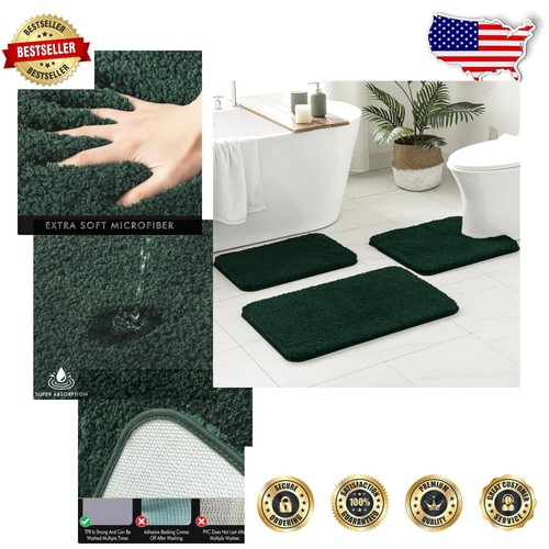 Extra Thick Dark Green Bath Mats - 3-Piece Microfiber Non-Slip Set for ...