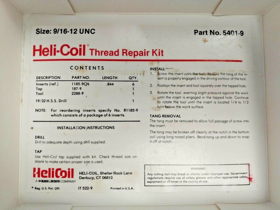 Heli-Coil- 9/16-12 UNC Master Thread Repair Kit 0.844" Insert Part ...