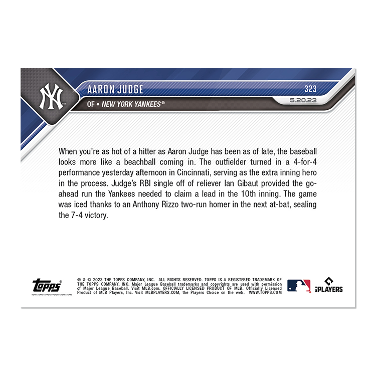 2023 Topps NOW 323 Aaron Judge-4th Hit Caps 10th Inning Go Ahead Free ...
