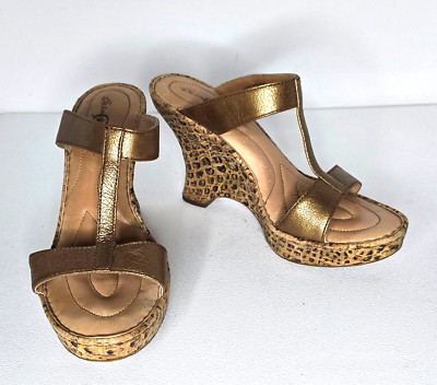 Born Crown BRONZE Leather SANDALS Cork Wedge Strappy Women’s Size 9 ...