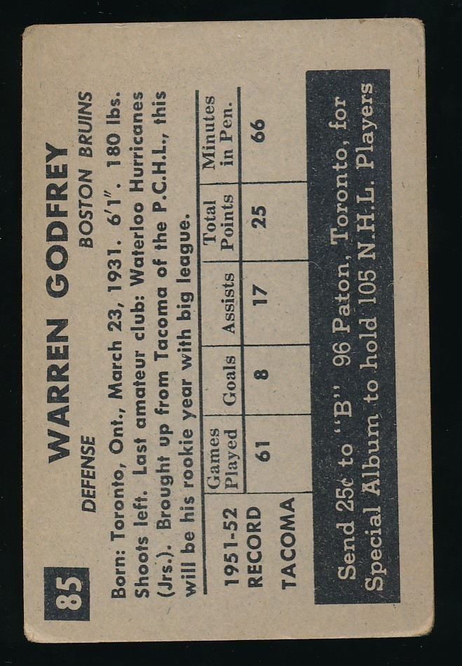 1952-53 Parkhurst Hockey #85 WARREN GODFREY -Rookie (Boston Bruins) | eBay