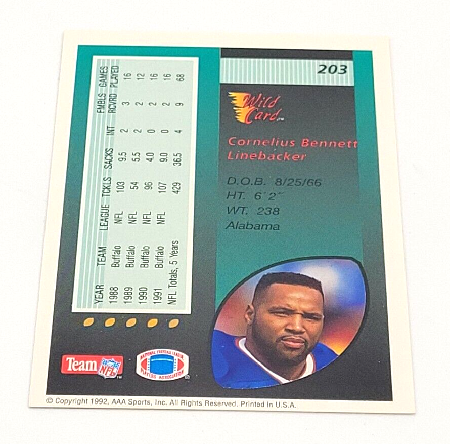 1992 Wild Card Football Cornelius Bennett Buffalo Bills #203 | eBay