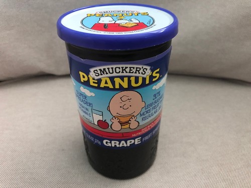 Vintage SMUCKERS PEANUTS Glass Jelly Jar GRAPE Paper Label CHARLIE ...