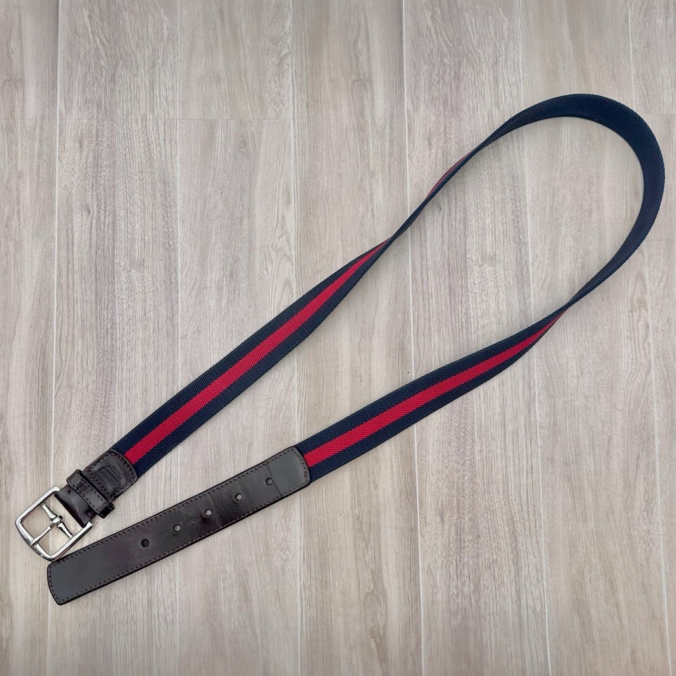 COACH Men’s Leather Navy & Red Wool Twill Belt w/ Brass Silver Buckle ...