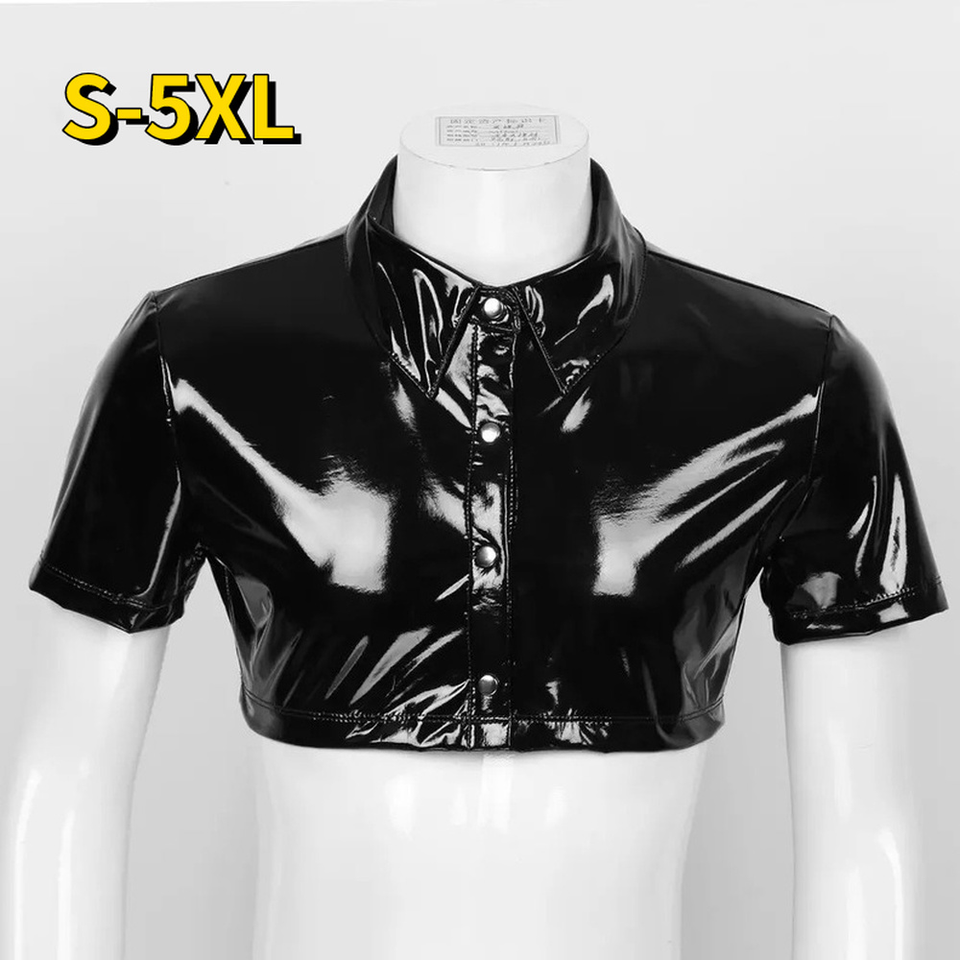 Men PVC Crop Top Blouse Shiny Faux Patent Leather Half Shirt Jacket ...
