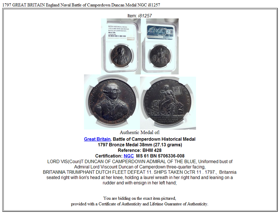 1797 GREAT BRITAIN England Naval Battle of Camperdown Duncan Medal NGC ...