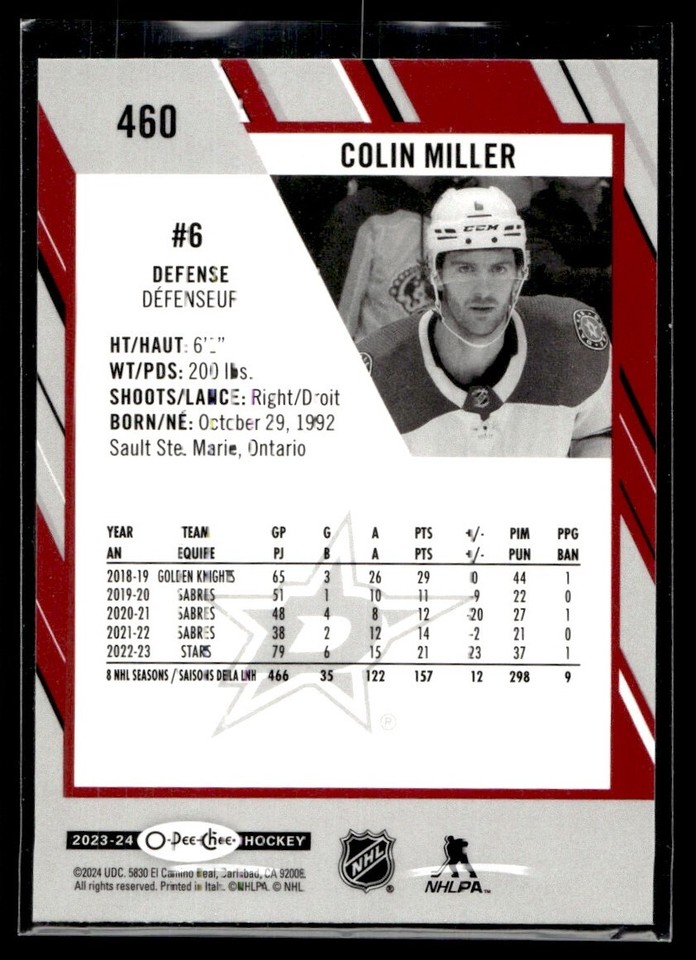 2023-24 O-Pee-Chee Red Border Colin Miller Dallas Stars #460 | eBay