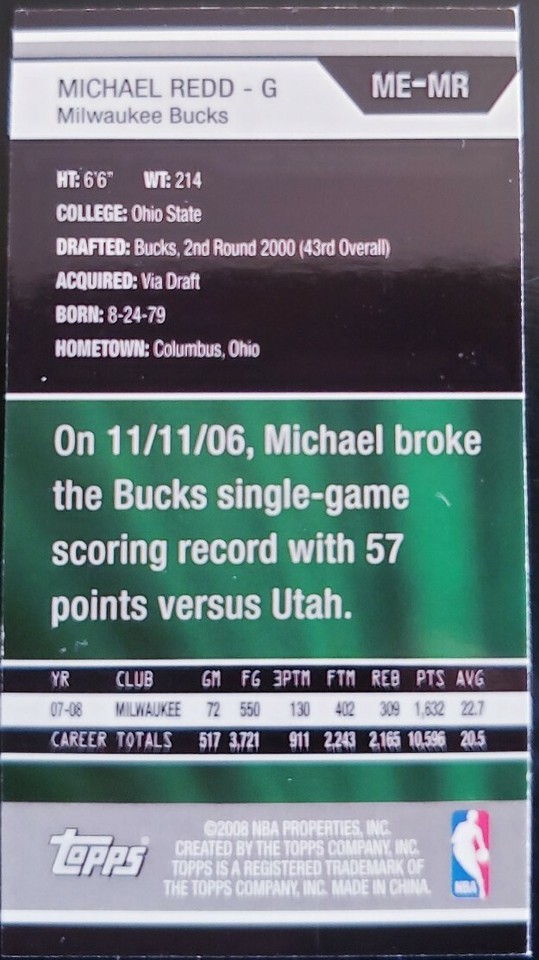MICHAEL REDD 2008-09 Topps Rip Card MINI Exclusives SP #ME-MR Milwaukee ...