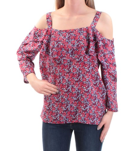 NYDJ Red Blue Cold Shoulder Ruffled Floral Long Sleeve Square Neck Top ...