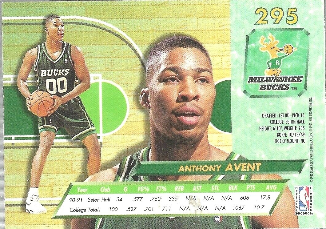 1992-93 Fleer Ultra Rookie Anthony Avent 295 Milwaukee Bucks Basketball ...