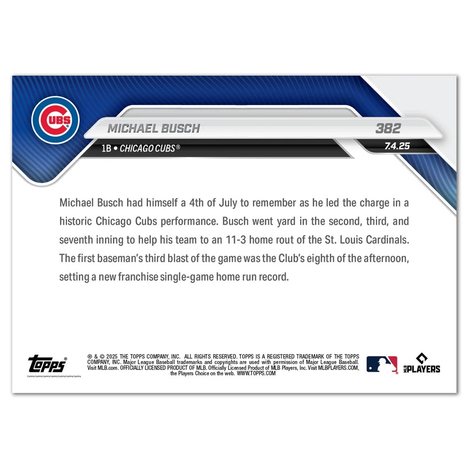 2025 MLB Topps NOW 382 MICHAEL BUSCH 3 HR GAME CHICAGO CUBS PRESALE | eBay