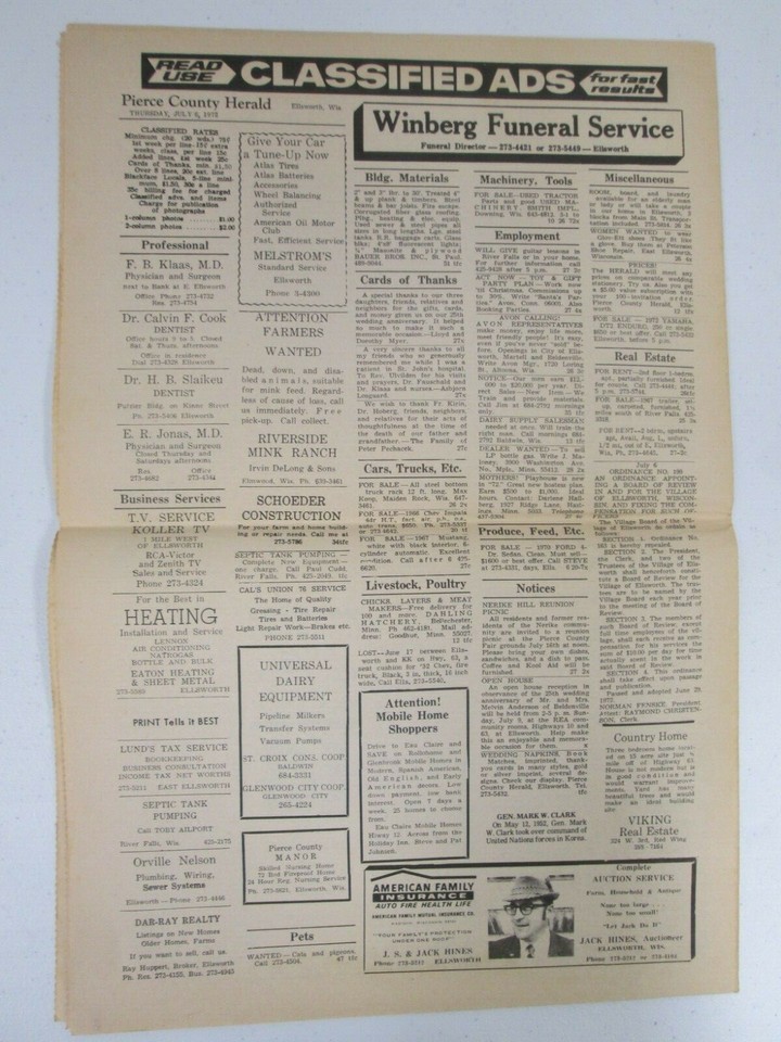 Pierce County Herald Newspaper Ellsworth Wisconsin Thursday July 6 1972 ...