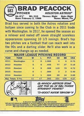 2017 Heritage HN Baseball Bright Yellow Back Brad Peacock Astros | eBay