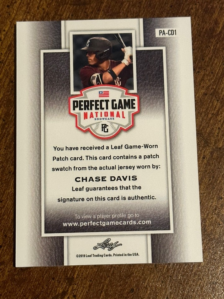 CHASE DAVIS 2019 LEAF PERFECT GAME AUTOGRAPH PATCH #5/25 ARIZONA ...