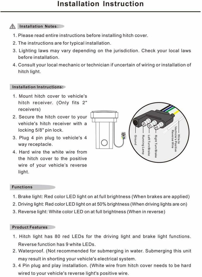 Red LED Tow Hitch Driving & Brake Lamp White Reverse Light Fits 2" for ...