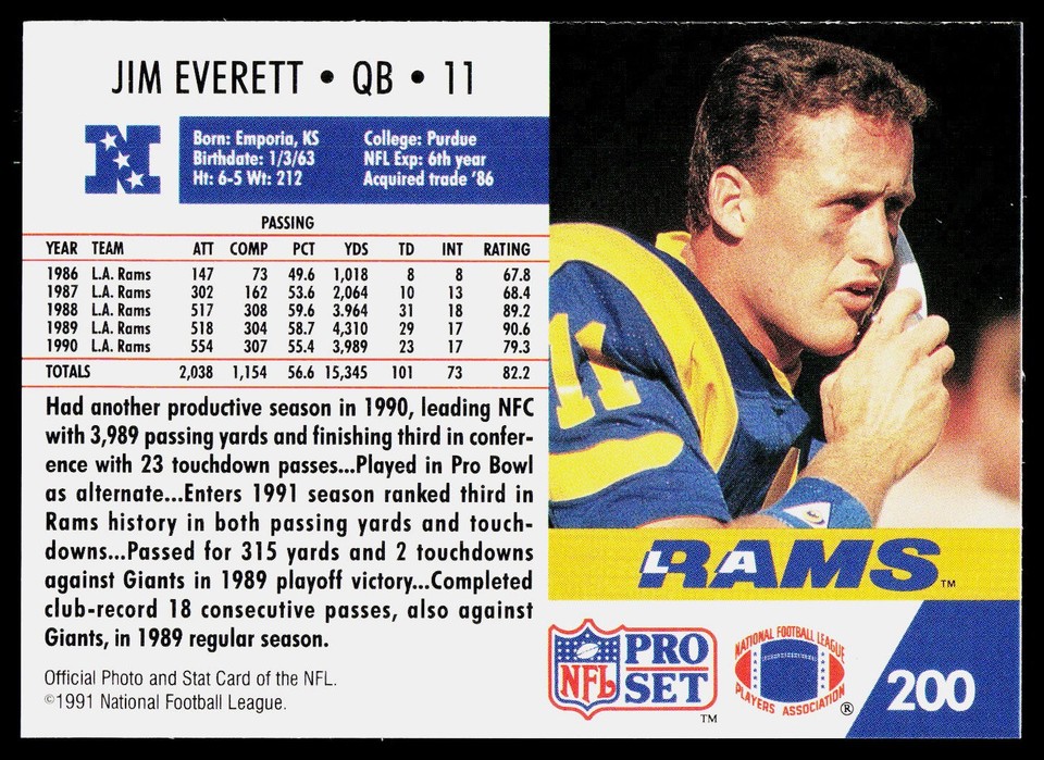 1991 Pro Set Spanish Jim Everett #120 Los Angeles Rams | eBay