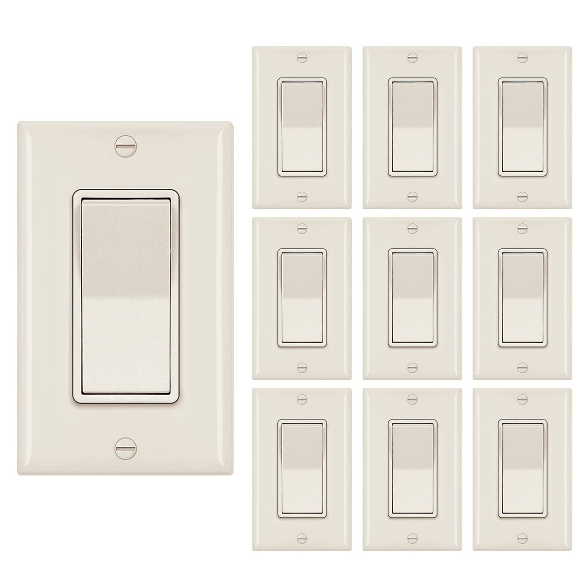 10 Pack Decora Light Switch,Ivory, Single Pole Paddle Rocker,15A 120V ...