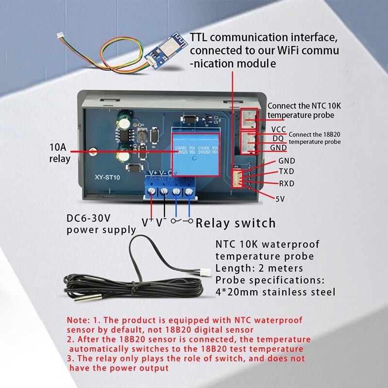 ST10W 10A Remote WIFI Thermostat Temperature Controller Module DC6 ...