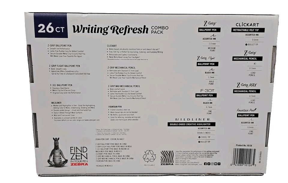 Zebra Writing Refresh Combo Pack Z-Grip F-301 Mildliner Fountain Pens ...
