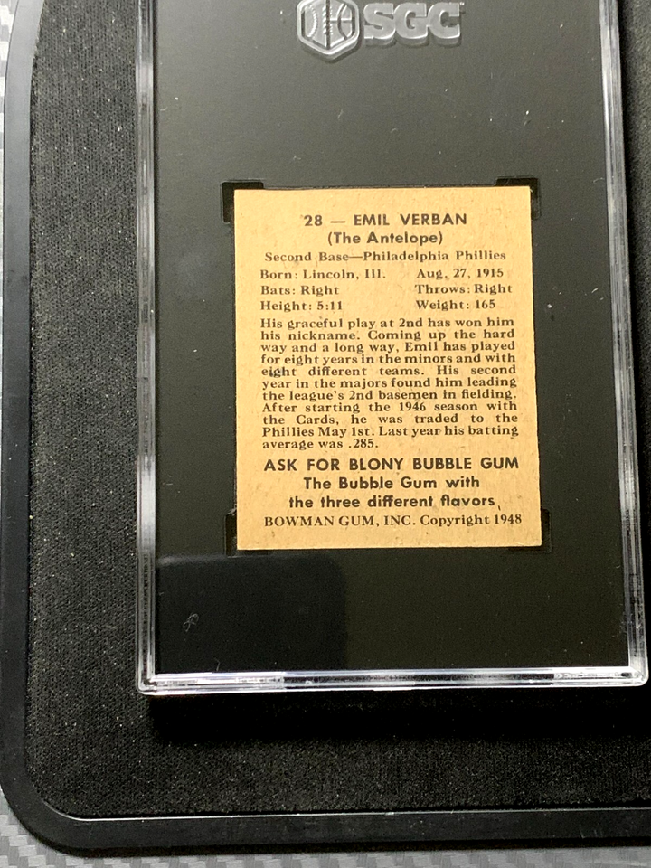 1948 BOWMAN #28 EMIL VERBAN PHILADELPHIA PHILLIES SGC GRADED EX 5 NICE ...