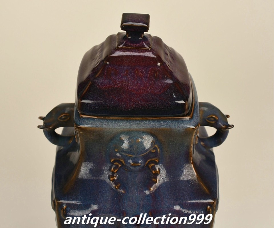 15" Jun Kiln Purple Glaze Porcelain Double Elephant Ears Beast Head ...