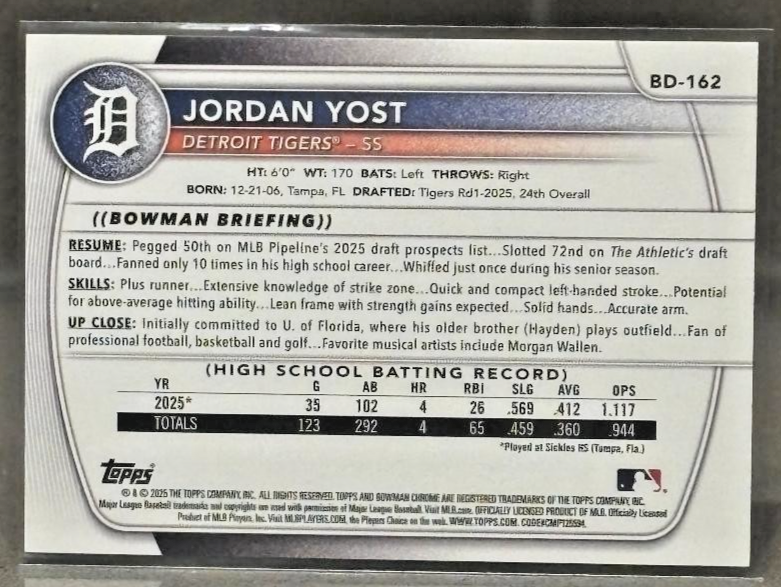 2025 1st Bowman Draft Jordan Yost Paper Base #BD-162 Detroit Tigers | eBay