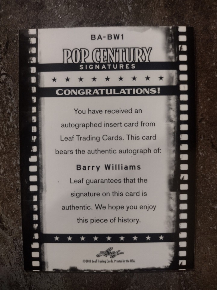 BARRY WILLIAMS 2011 POP CENTURY (BRADY BUNCH) AUTOGRAPH CARD (BA-BW1 ...