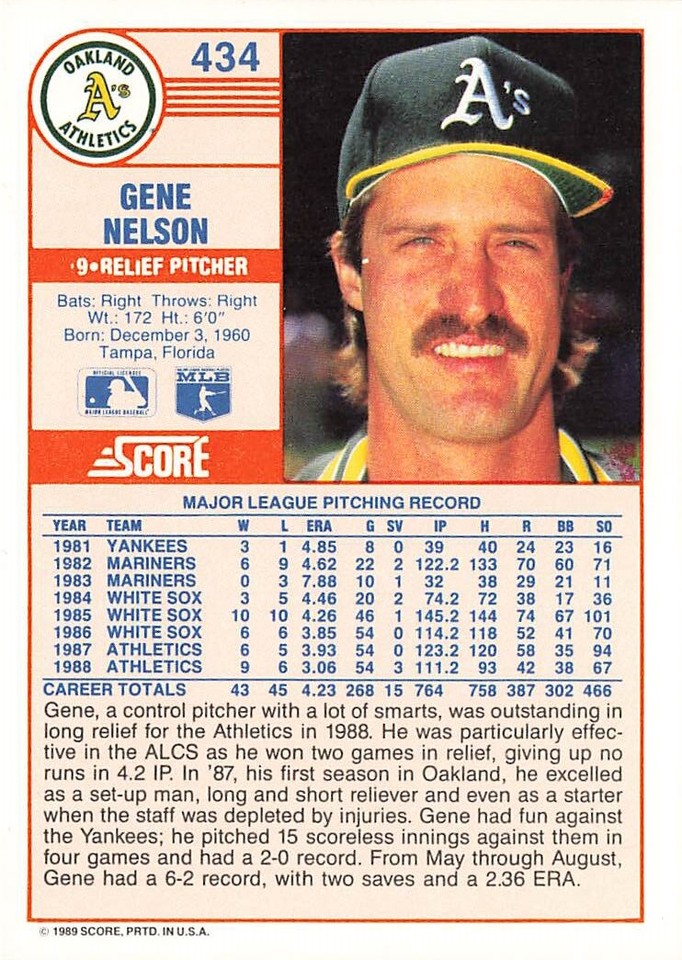 1989 Score #434 Gene Nelson Oakland Athletics | eBay