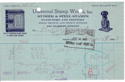 1923 Invoice, Universal Stamp Works, Rubber & Steel Stamps, Newark, New ...