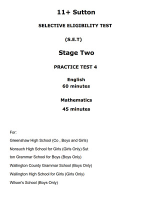 11+ 11 Plus Sutton Selective Eligibility Test (SET) Stage 2 Mock Exam ...