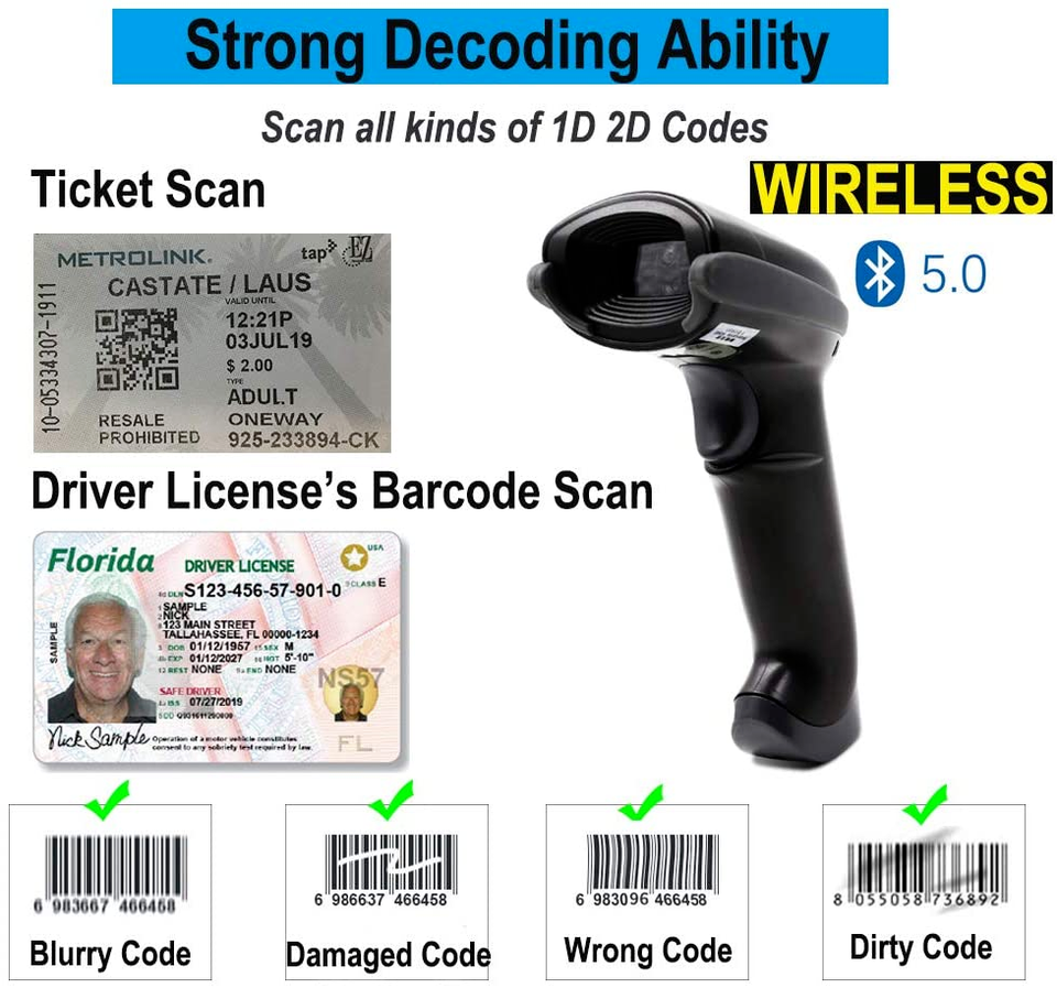 TEEMI Bluetooth Barcode Scanner with USB Charging Cradle Data Receiver ...