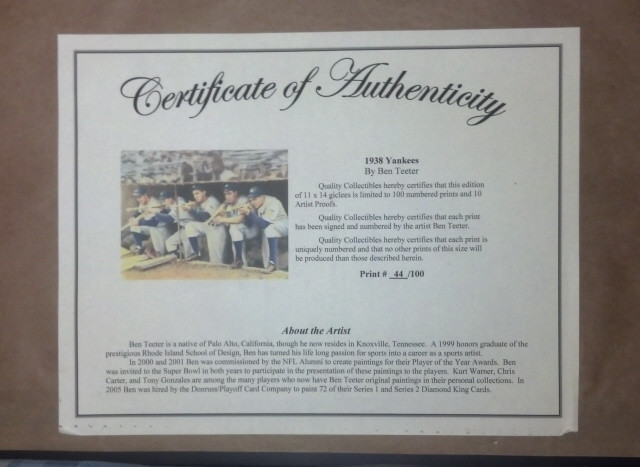 1938 Yankees 11 X 14 Giclees Signed by Artist Ben Teeter 44/100 W ...