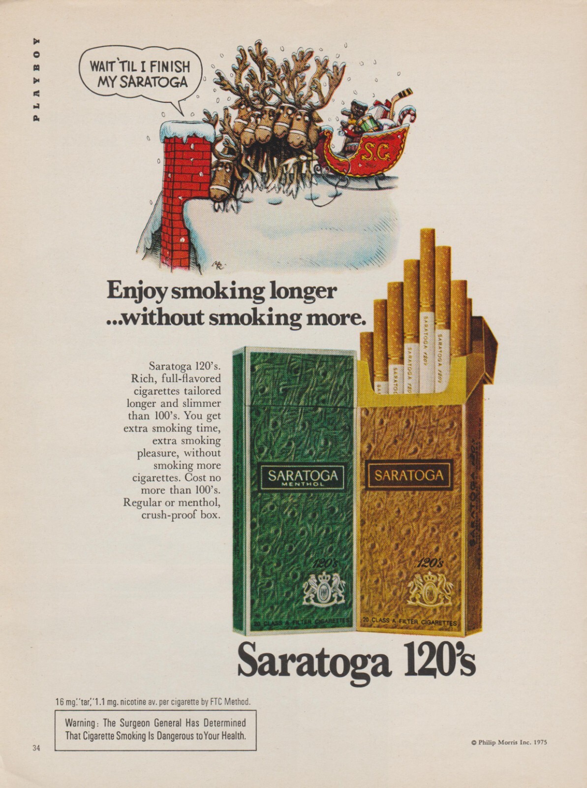 1975 Saratoga 120s Cigarettes - Santa Claus & Reindeer - Print Ad ...