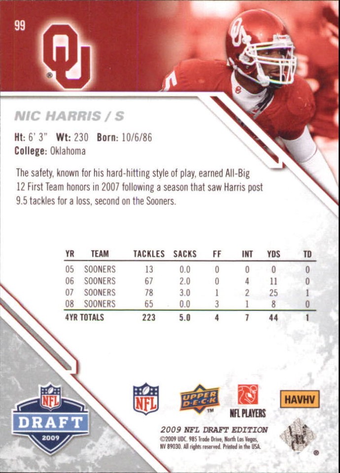 2009 Upper Deck Draft Edition #99 Nic Harris Rookie Football Card | eBay
