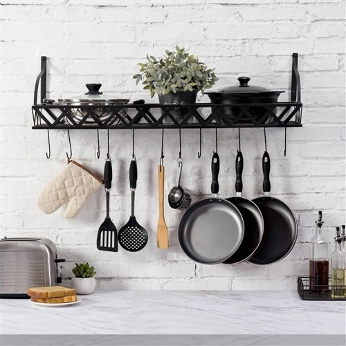 Black Metal Rectangular Wall Mounted Kitchen Pot Rack with 12 Hanging ...