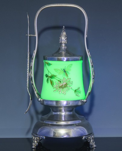 RARE c1880 ANTIQUE URANIUM INSECT ENAMEL GLASS & SILVER PLATE PICKLE ...